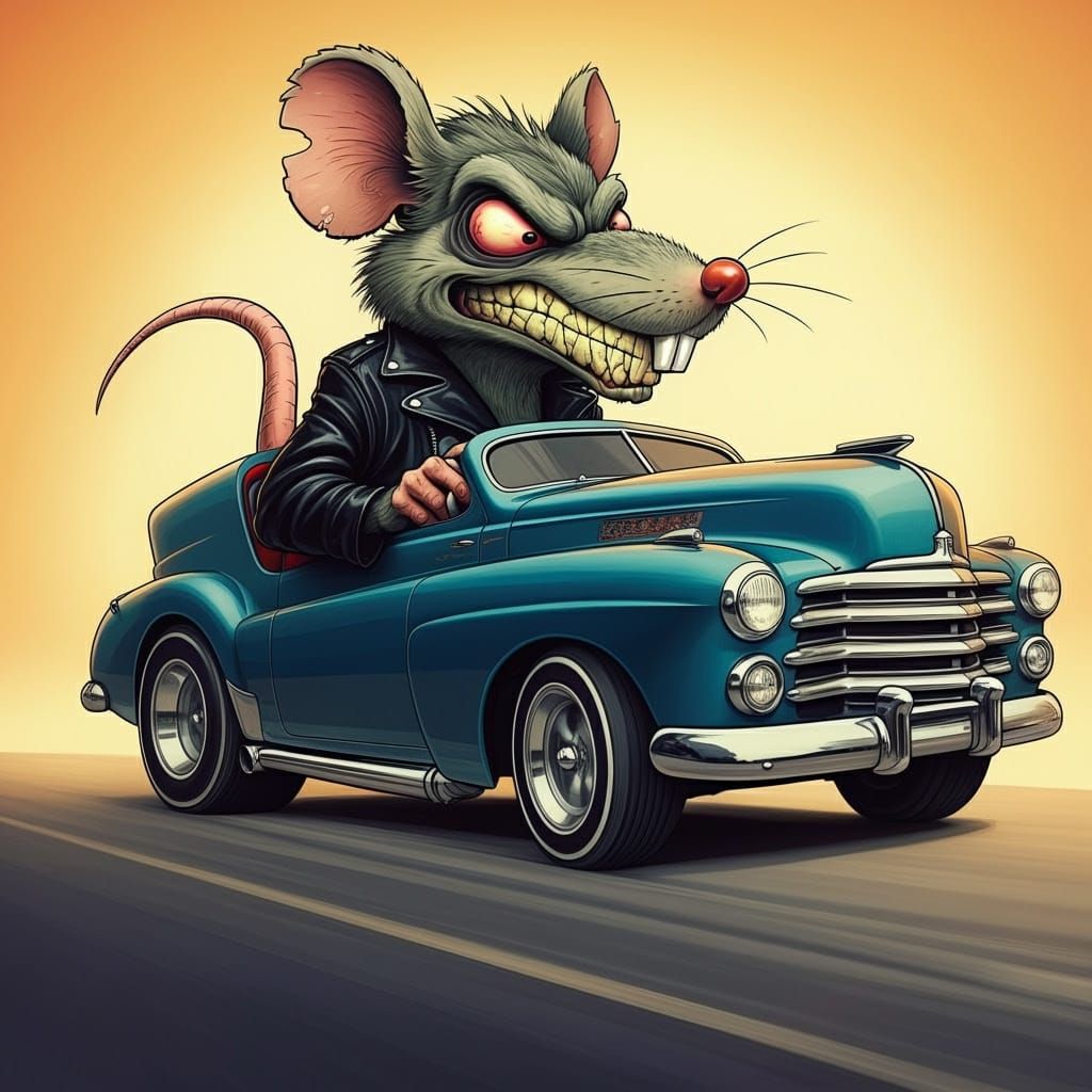Grotesque Rat in a Vintage Gasser Car - AI Art