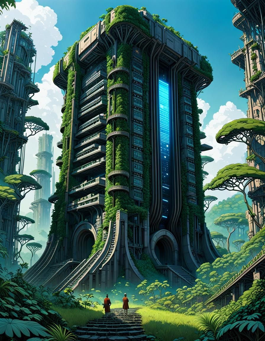 A 1000-foot tall super-computer abandoned overlooking ruins in a lush jungle, cinematic ...