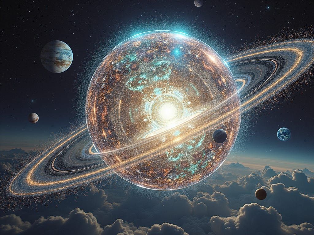 A colossal, Metallic fiber-optic Dyson sphere, it's surface a dazzling, holographic tapestry of ...