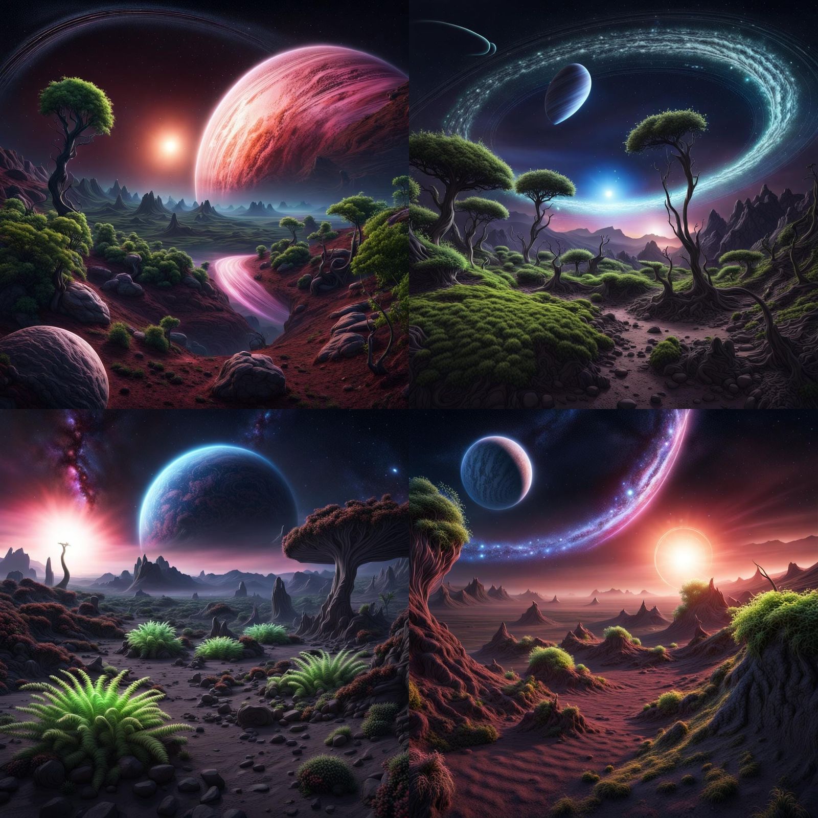 An alien planet at night with vegetation and a radiant spiral galaxy in ...