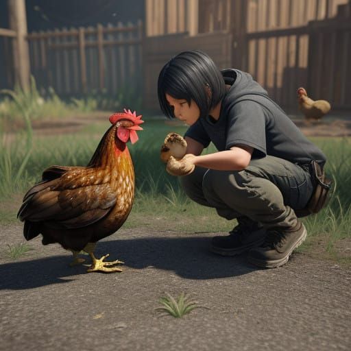child feeding a chicken - child feeding a chicken