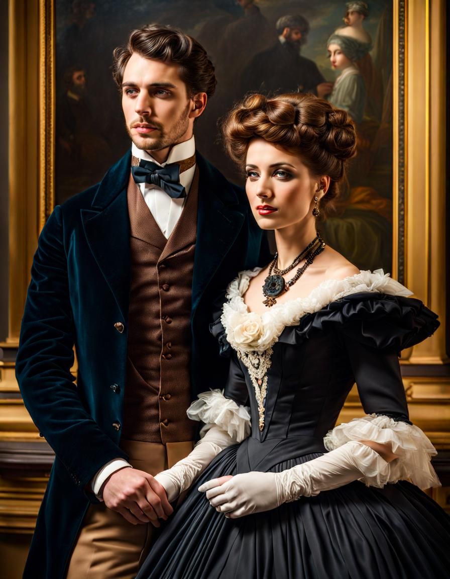 Beautiful young Victorian couple at an art museum, half body portrait ...