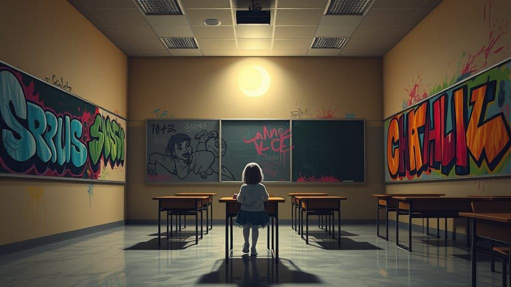 Where are you?? - Ghostly Girl in Vibrant Graffiti Classroom