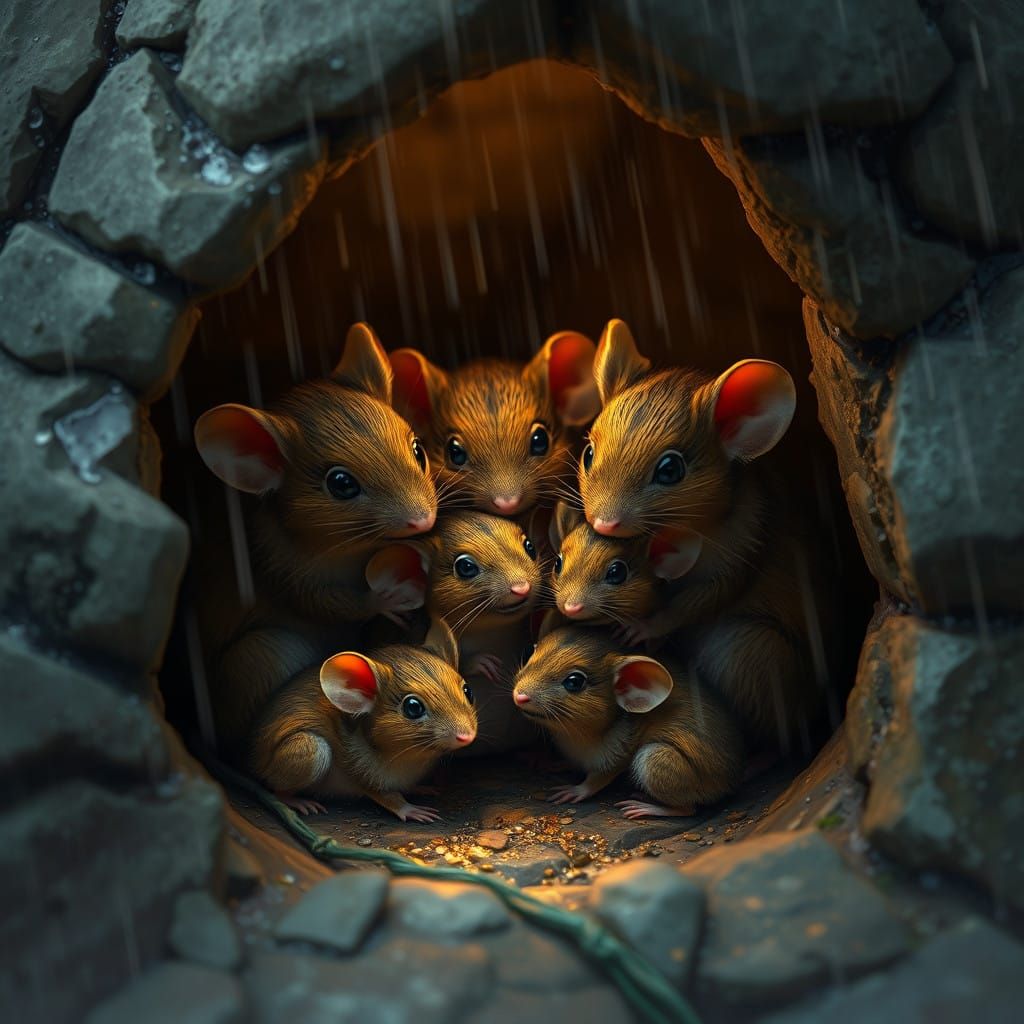 Cozy Mice Family in Whimsical Rainy Scene, Detaile... - AI Art