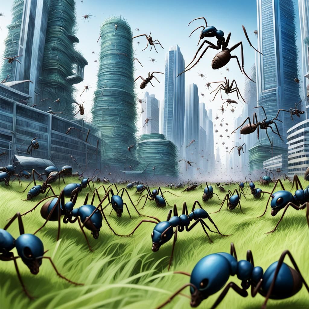 an ants army attacking a human city,ultra detail, massive buildings ...