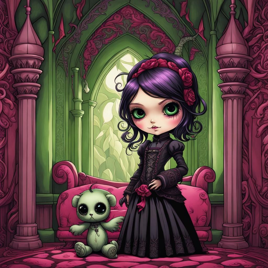 An adorable chibi pouty goth punk mischievous girl with huge detailed ...