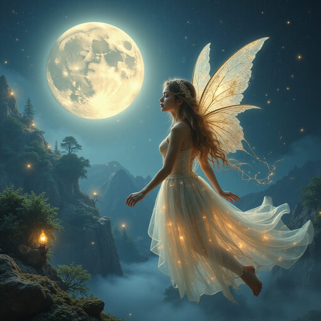 Flying Fairy - Whimsical Fairy Soars Under Glowing Full Moon