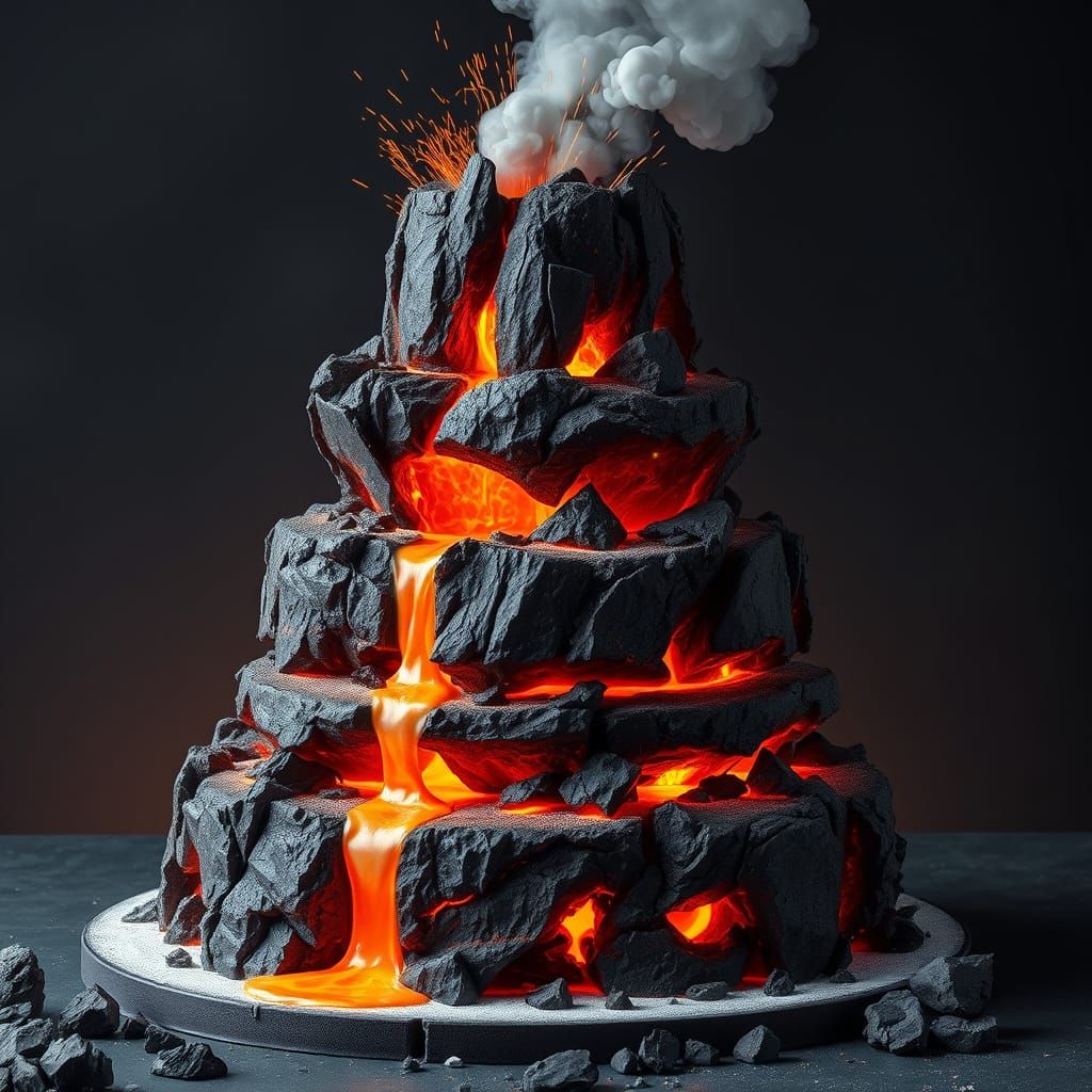 Lava cake - Volcanic Lava Layer Cake in Hyperrealistic Style
