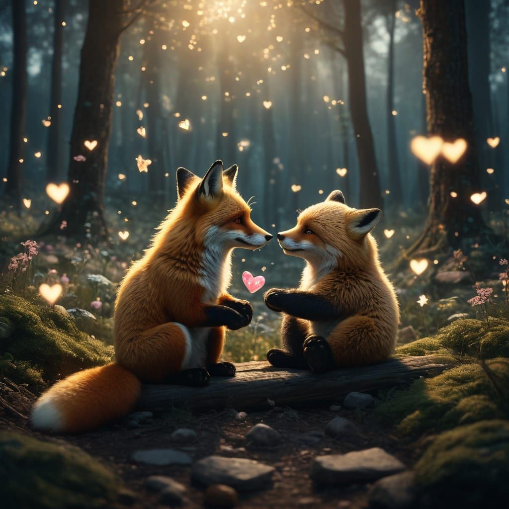 Fox hearts - Whimsical Fox and Bear Share Magical Hearts Und...