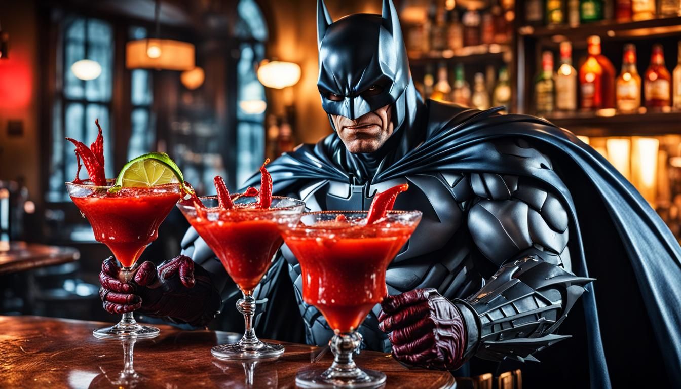 Batman, drinking bloody Mary. - AI Generated Artwork - NightCafe Creator