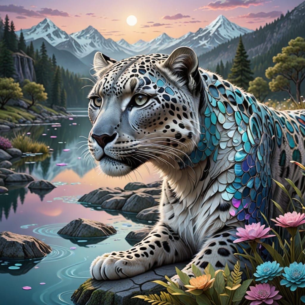 Snow leopard. - Ethereal Snow Leopard in Fractal Harmony