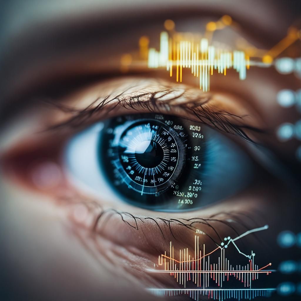 close-up of human eye, made of stock price charts and financial symbols ...
