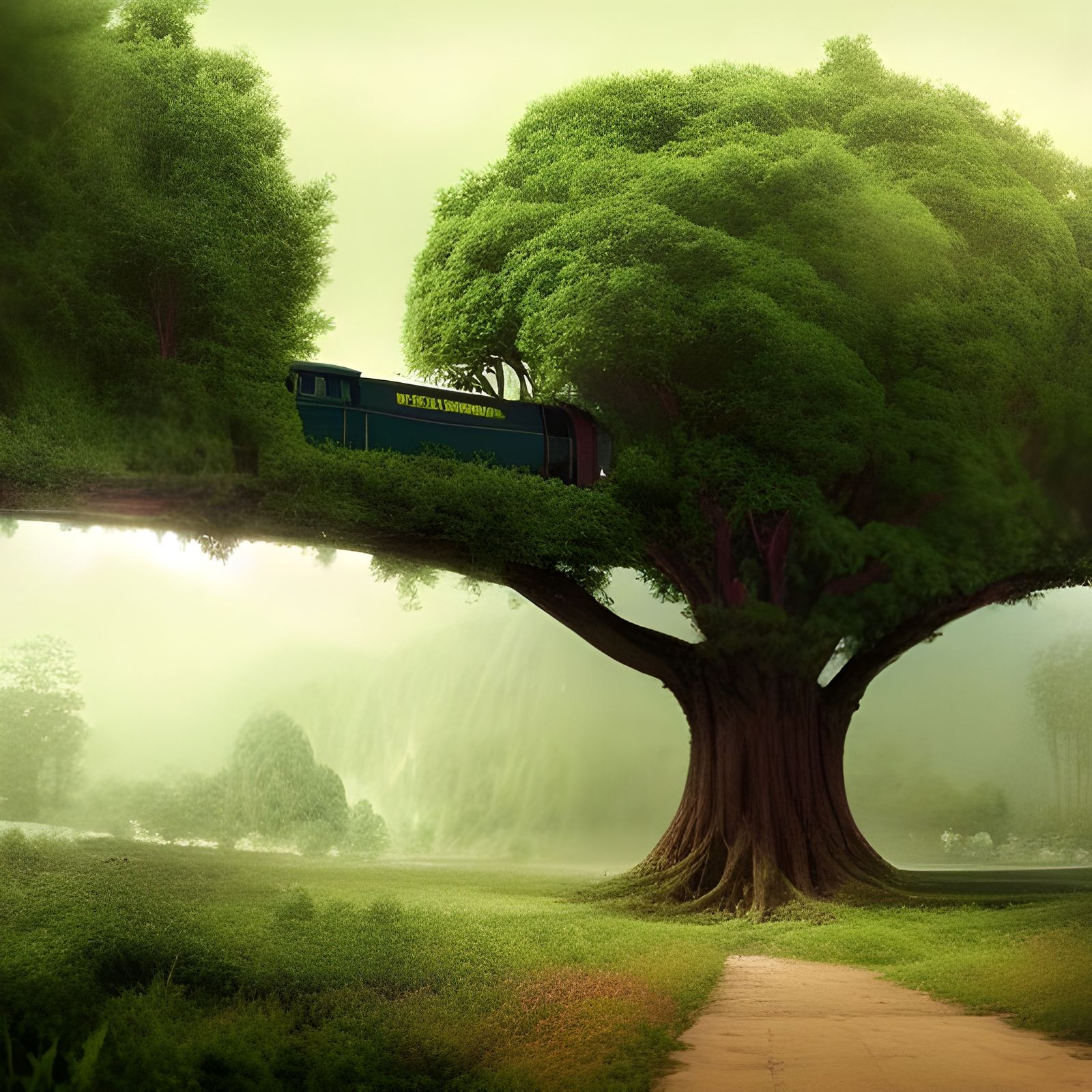 Train going through a giant tree - AI Generated Artwork - NightCafe Creator