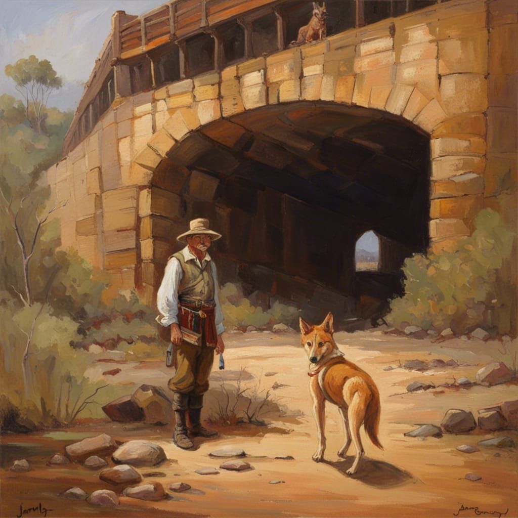 Dingo merchant looking towards a crumbling bridge - AI Generated ...
