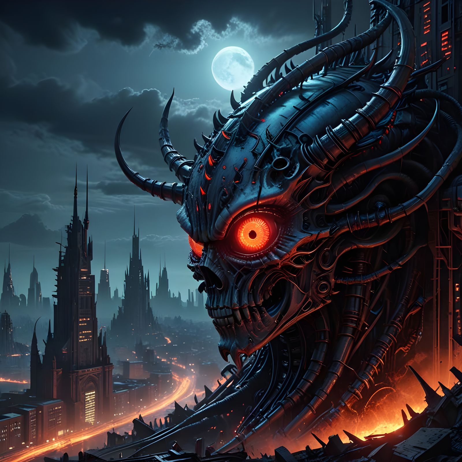 City Demon - Cyberpunk Demon Lurks Above Cityscape