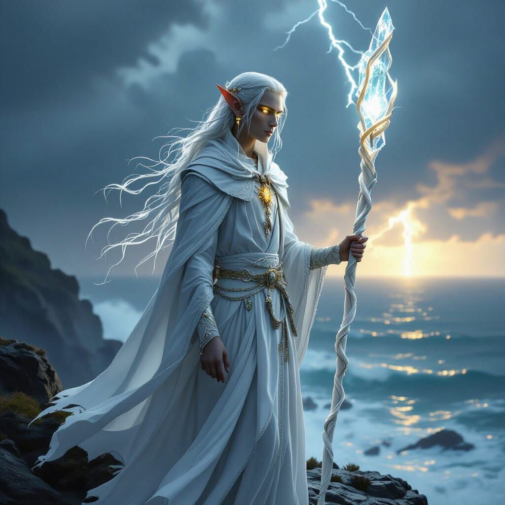 The Scroll Singer - Elf on Windswept Cliff in Dramatic Light...