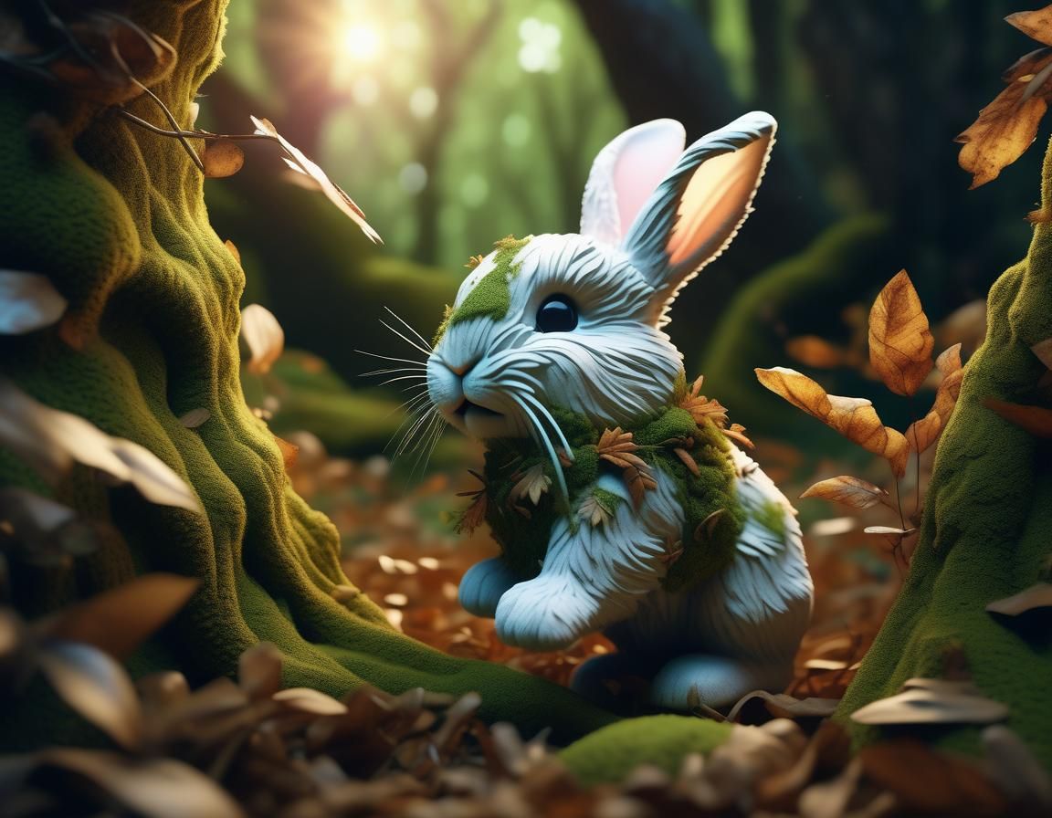 A furry enchanted cute baby rabbit covered in dried leaves crawls ...