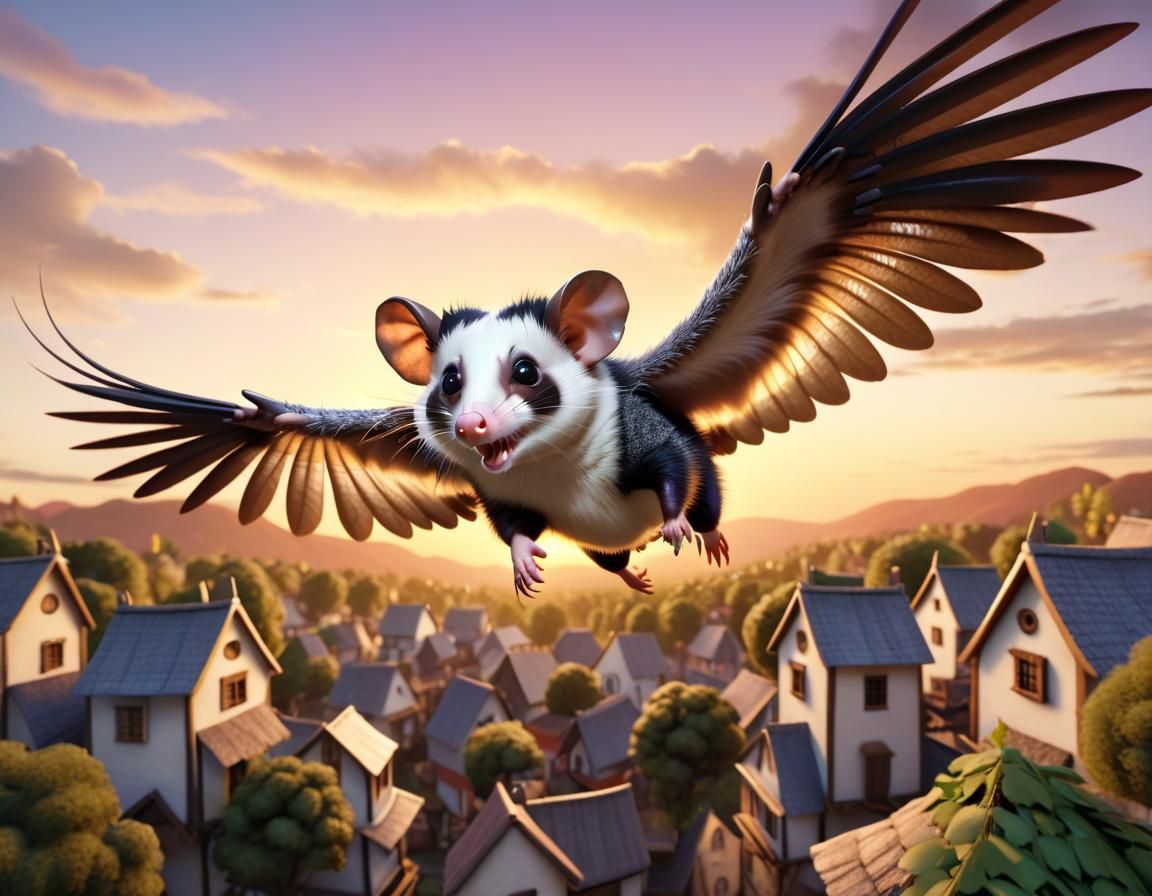 Winged opossum flying over a village at sunset - AI Generated Artwork ...