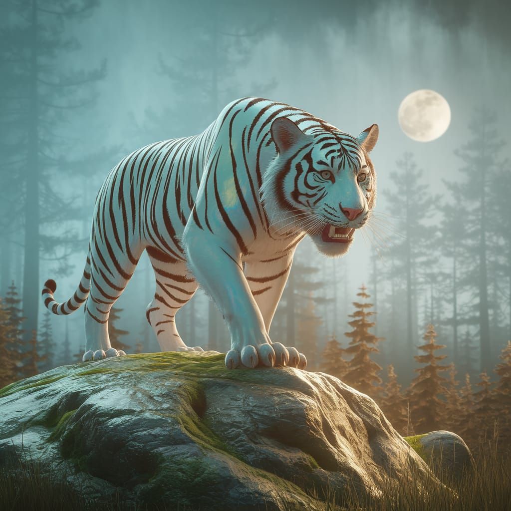 A majestic Saber-toothed Tiger with iridescent, semi-transparent fur ...