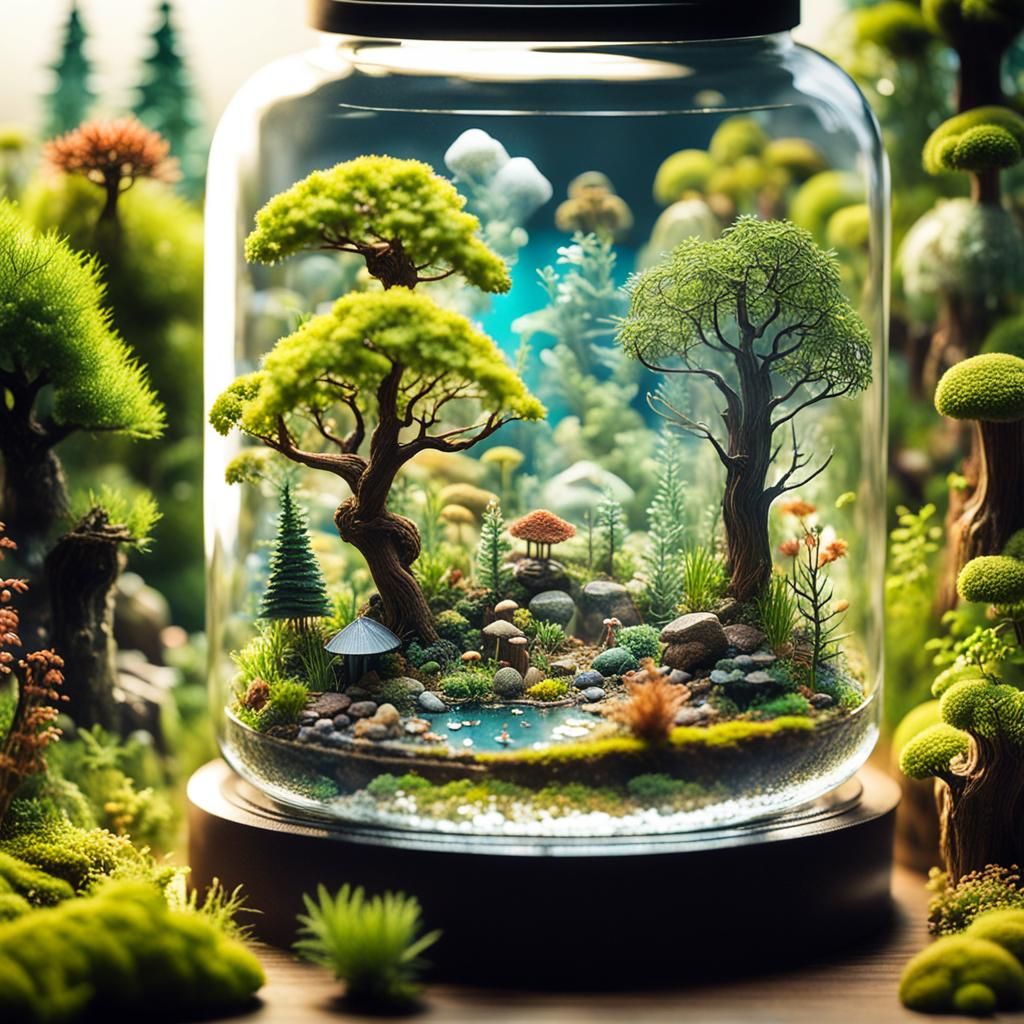 miniature ecosystem within a glass jar, showcasing a tiny, self ...