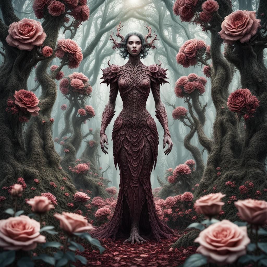 female humanoid wereflower in rose forest - AI Generated Artwork ...