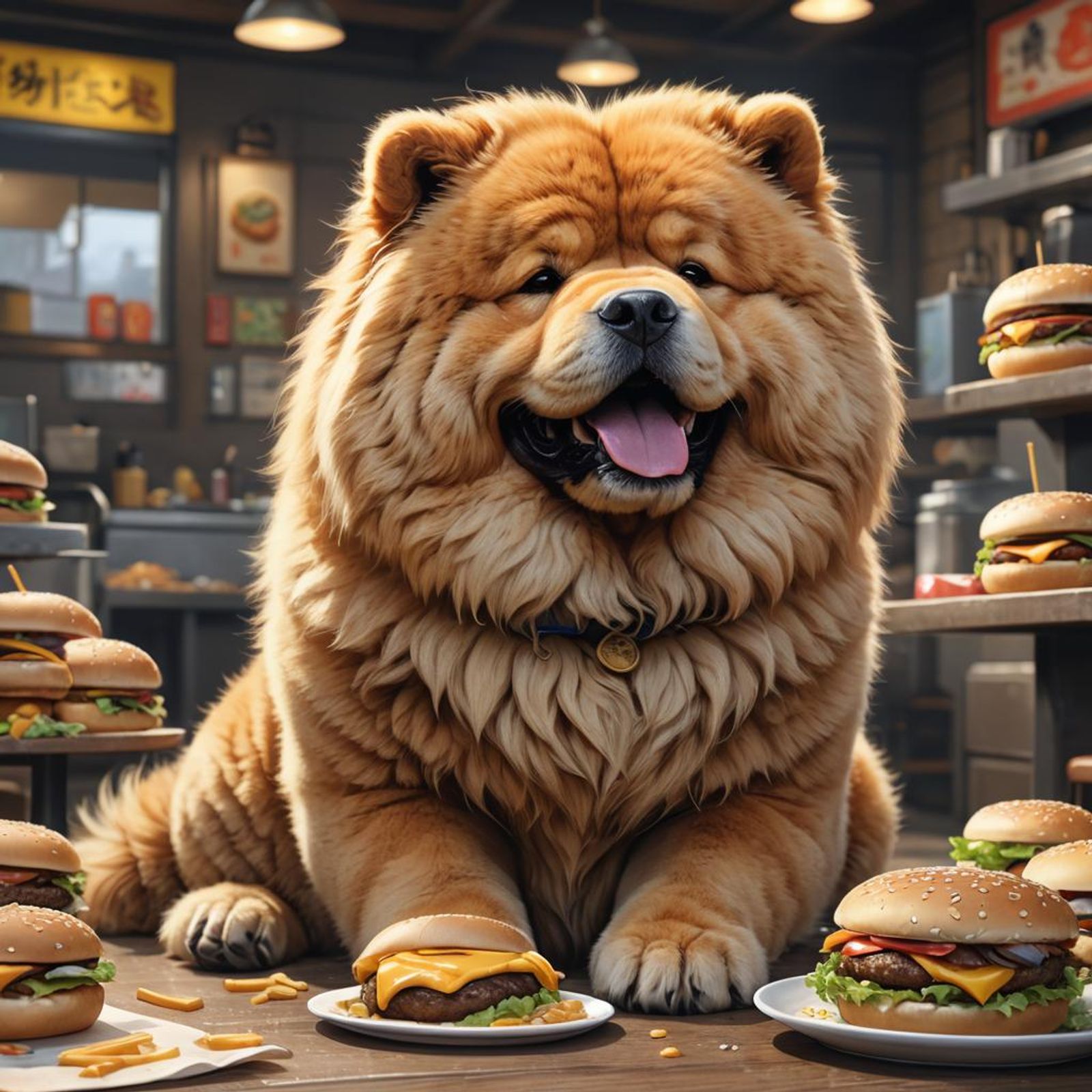 Dog Chow Chow eating a burger By artist "anime", 3d anime art, inspired ...