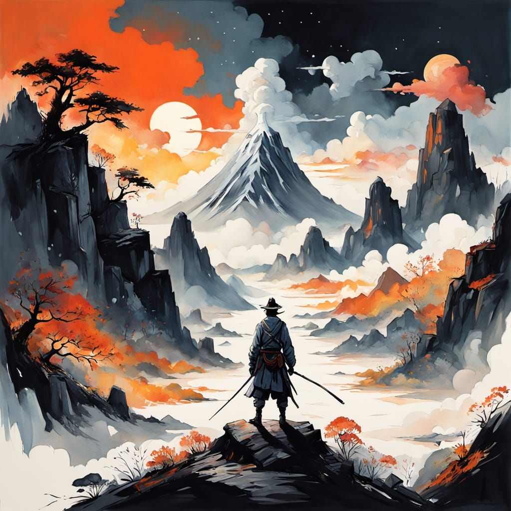 Samurai at World's Edge: Gouache Impressionist Pai... - AI Art