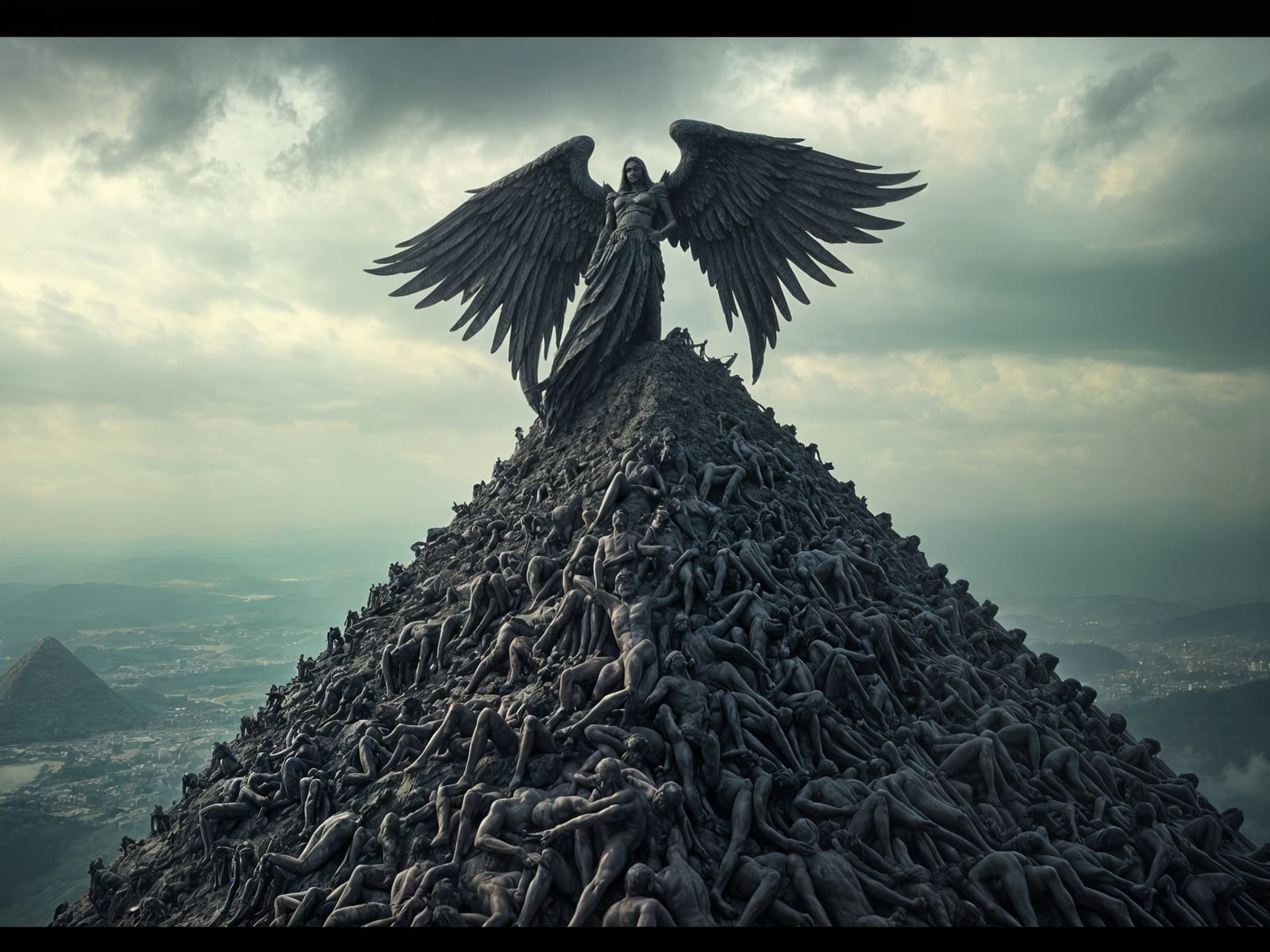 Viewed from top, A dark mal Angel stand at the top a huge pyramid the ...