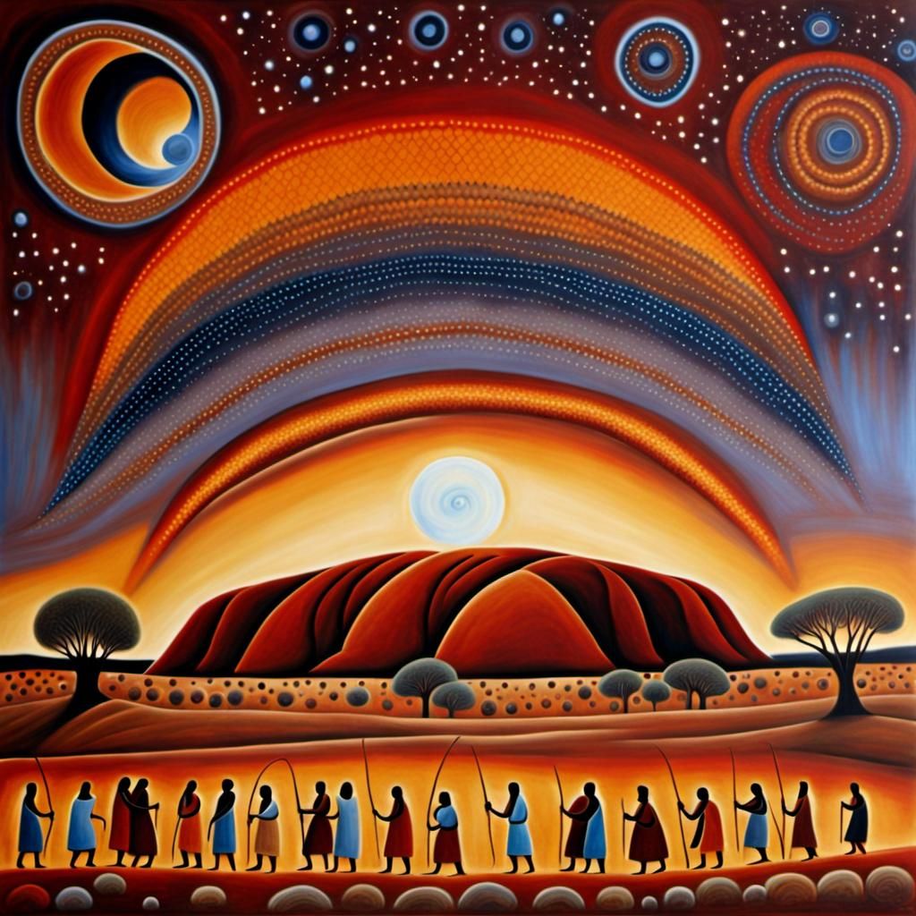 A painting of Uluru and the 10 sky ancestral human spirits in the style ...