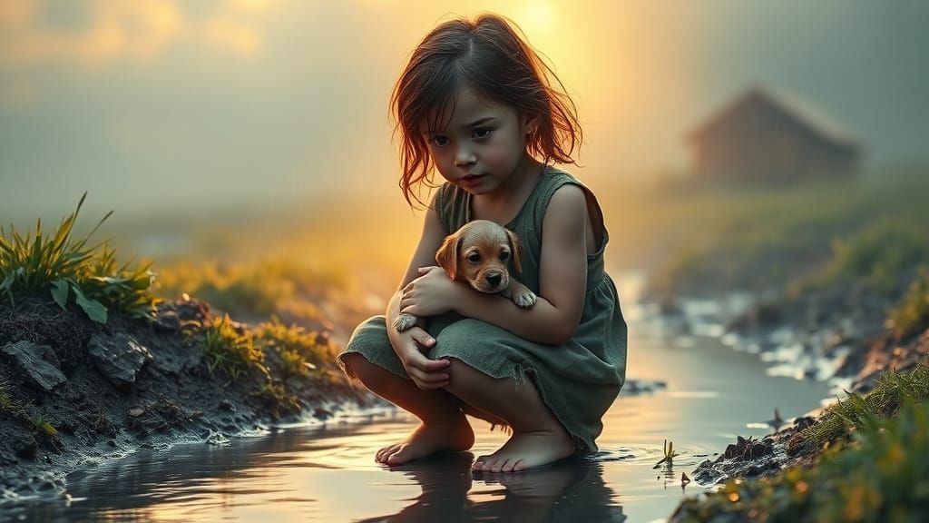 Rescue - Young Girl Comforts Shivering Puppy in Rainy Ditch