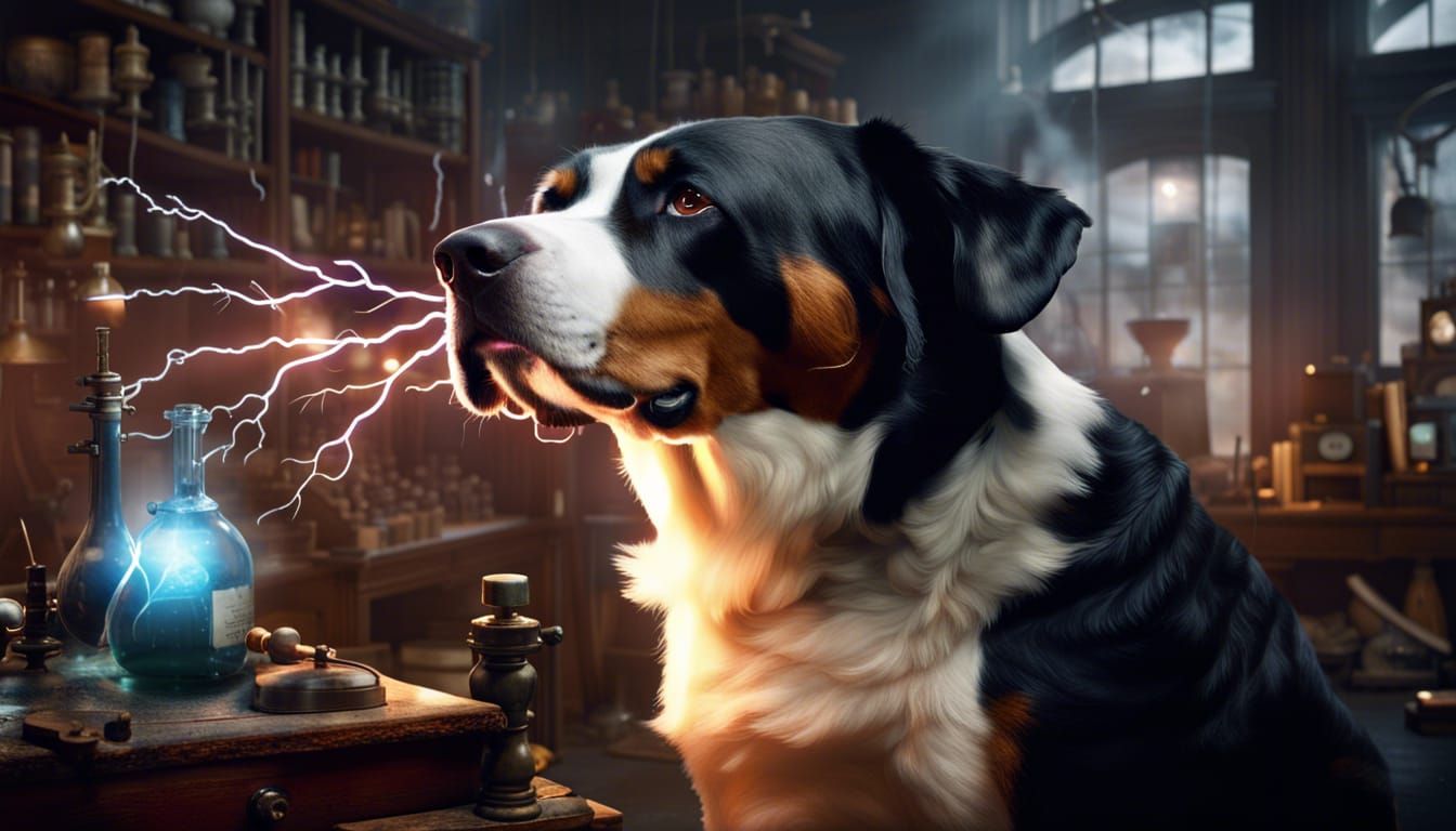 "Swiss Mountain Dog as a mad scientist, comically getting zapped while ...
