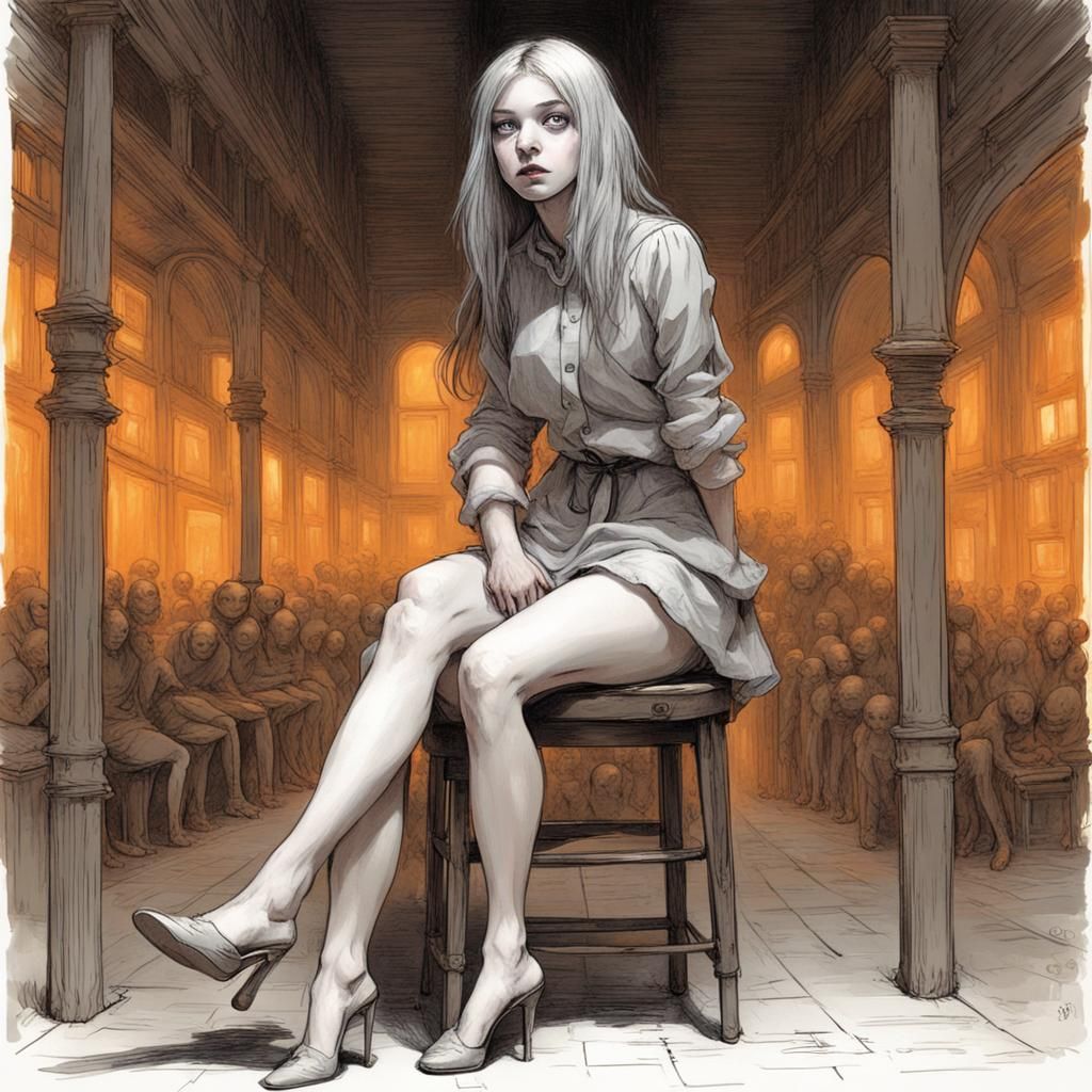 She is seen bopping her head, while crossing her legs, on a stool. She ...