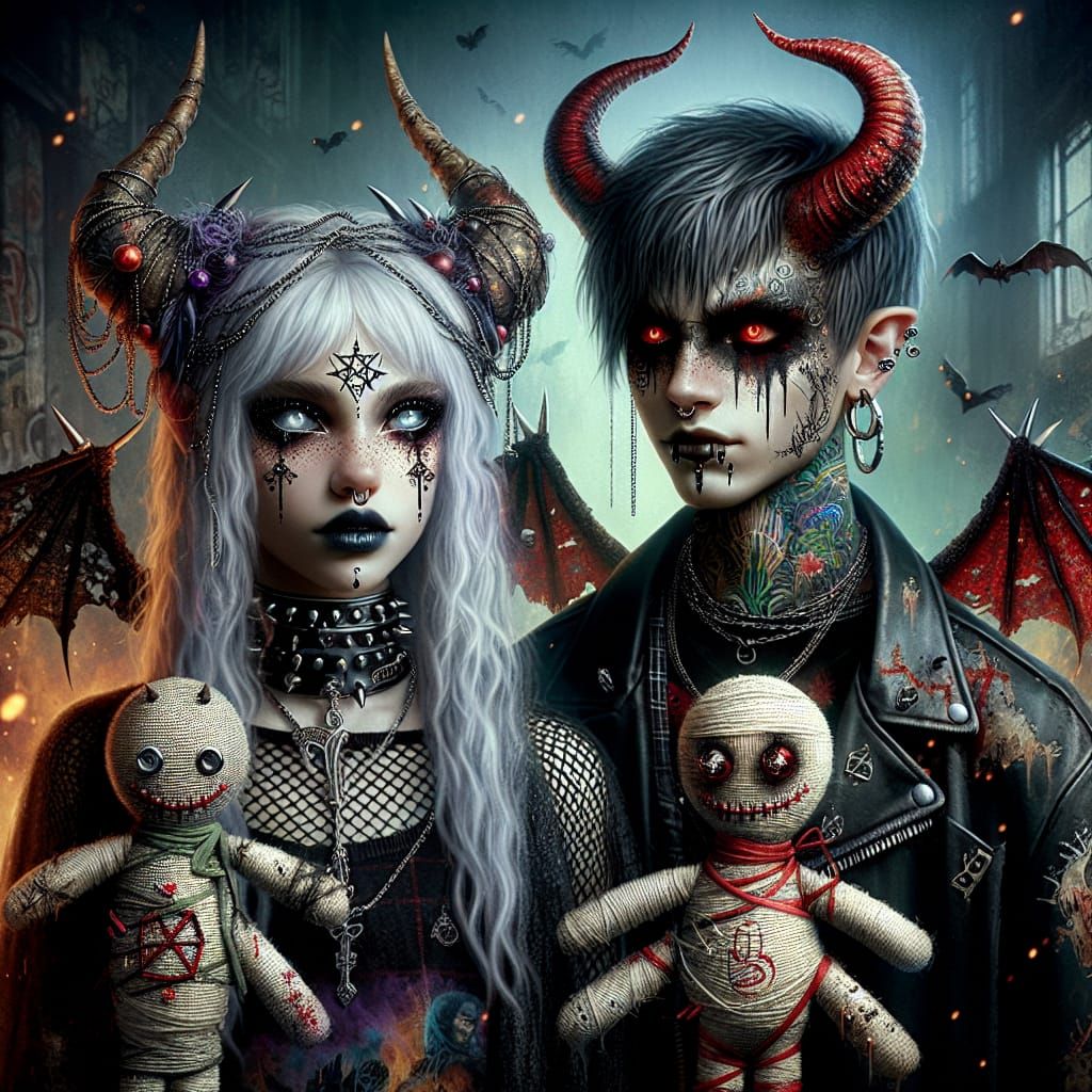 A striking, platinum-blonde demoness with curved, crimson-tipped horns ...