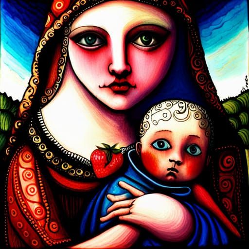 One Strawberry & Madonna & Baby 😆 - AI Generated Artwork - NightCafe Creator