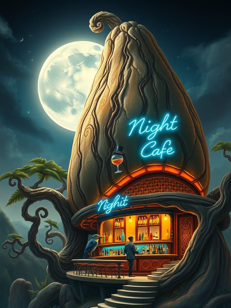 Whimsical Magic Bean Tree Blossoms Under Full Moon... - AI Art