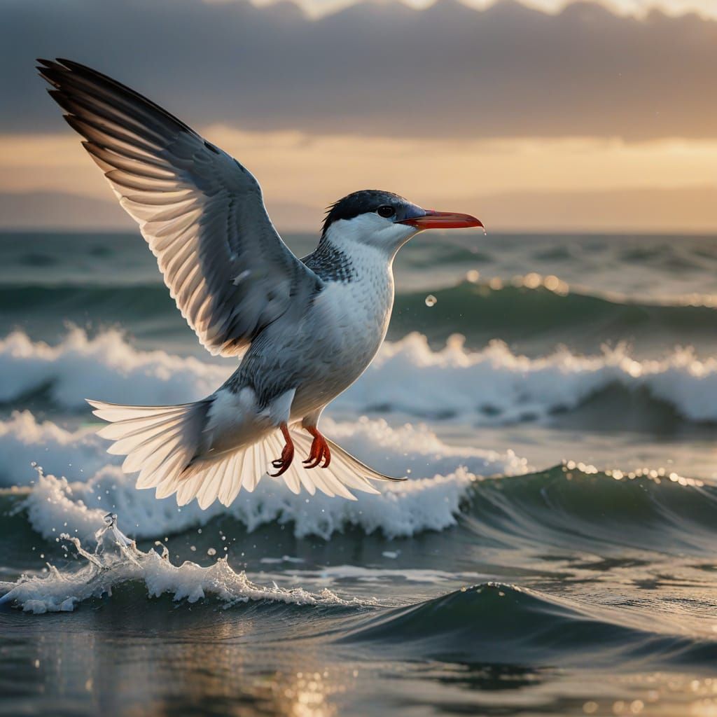 A realistic, Pacific Tern, as it flies over the waves coasting on the ...