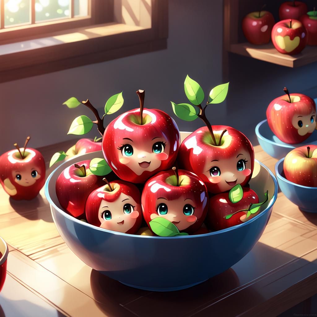 (Cutesy Chibi Apples) in a bowl - AI Generated Artwork - NightCafe Creator