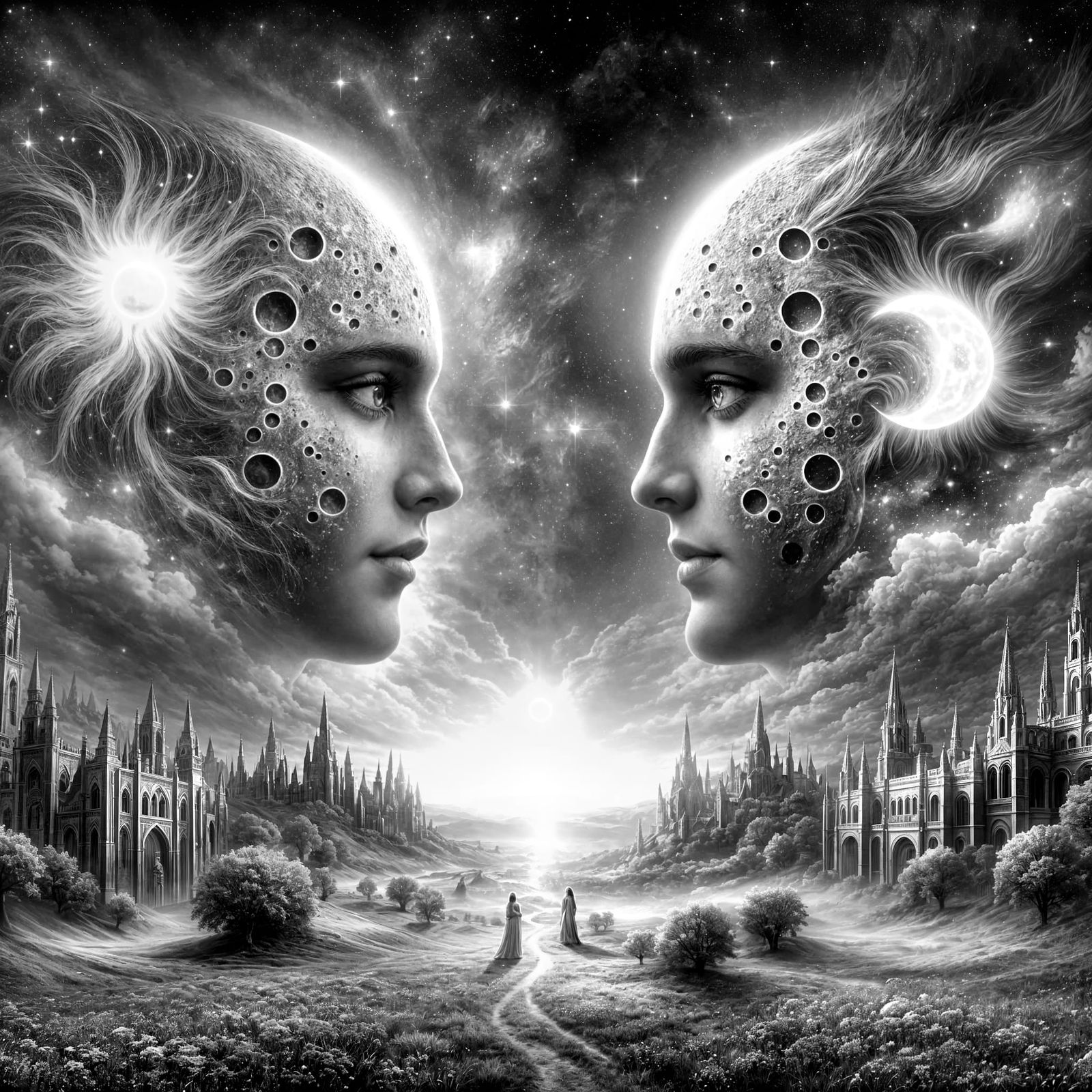 Black and white - Celestial Entities Meet in a Dreamlike Got...
