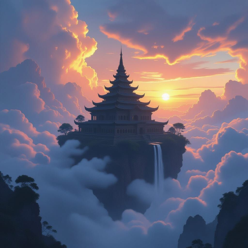 Silhouetted ancient temple, perched atop a floating island amidst ...