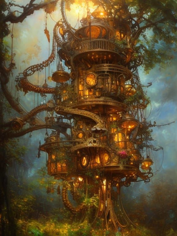 Steampunk Treehouse - AI Generated Artwork - NightCafe Creator