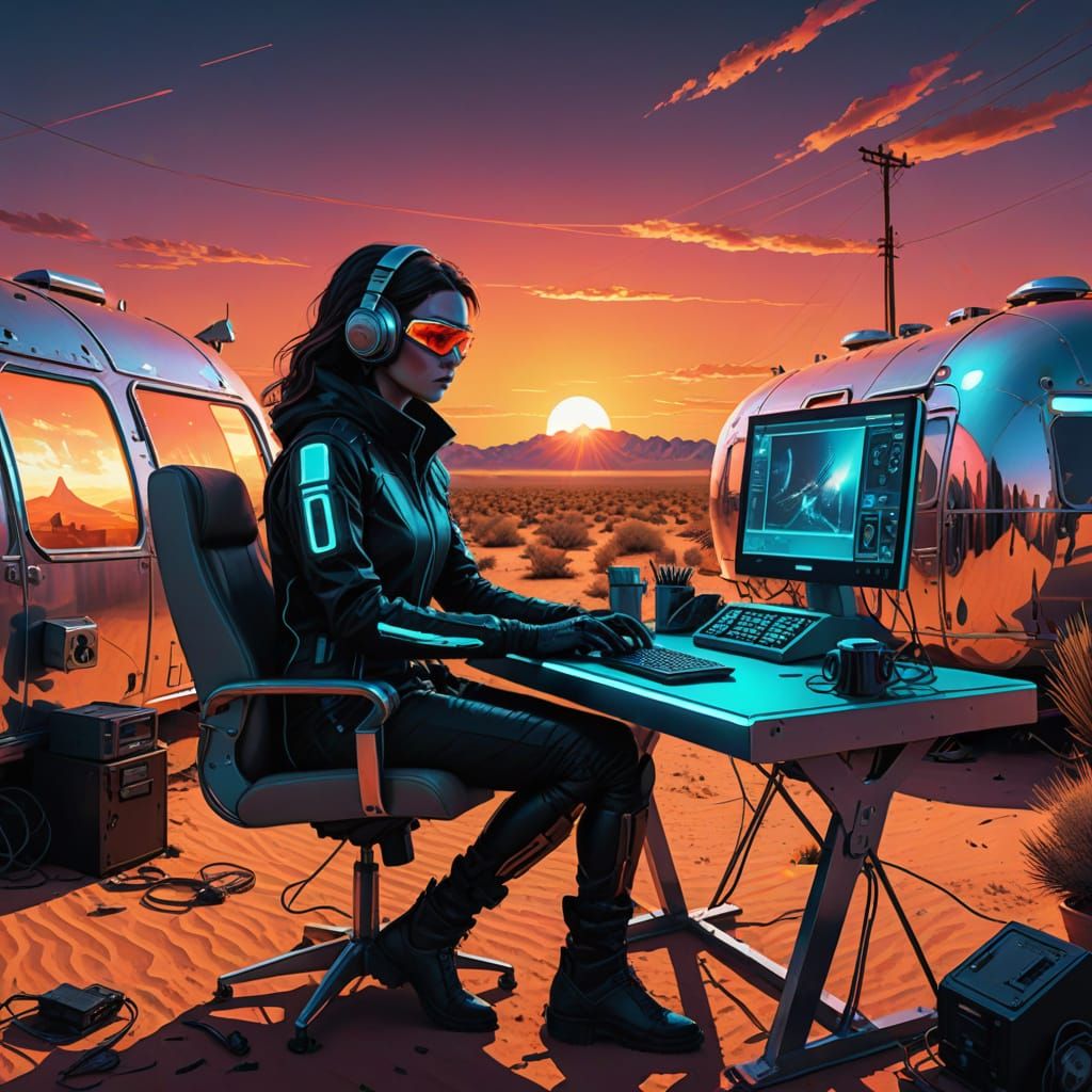 Cyberpunk Female Hacker in Desert Sunset - AI Art
