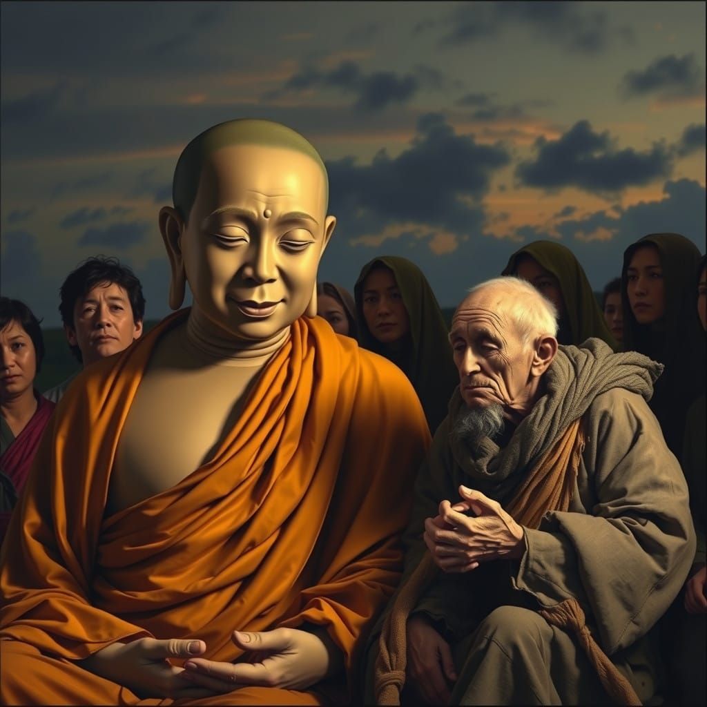 A Compassionate Buddha in Golden Robes, Surrounded... - AI Art