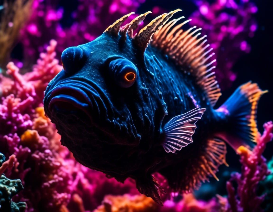 underwater Photograph portrait bioluminescent anglerfish in a deep-sea ...