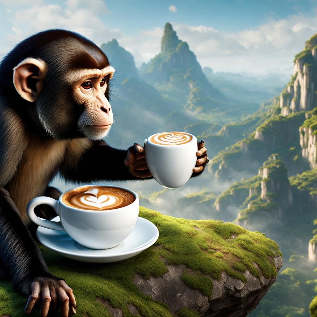 capuchin monkey drinking a cup of cappuccino coffee, detailed matte ...