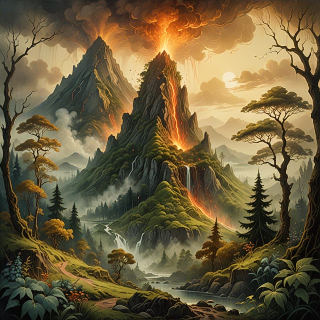 Mythic Volcano Landscape - Whimsical Fantasy Volcano Landsca...