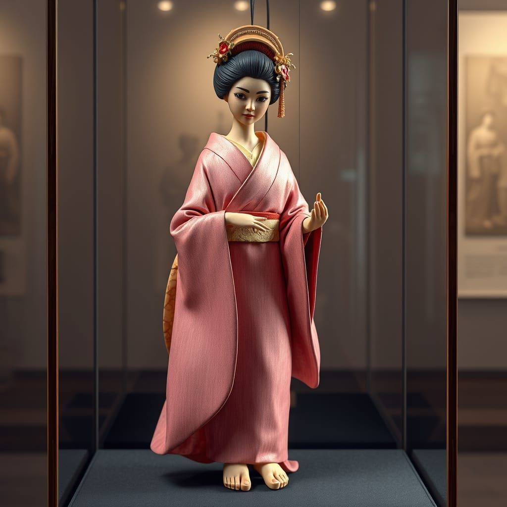 Elegant Wooden Geisha Puppet in Pink Kimono, Glass... - AI Art