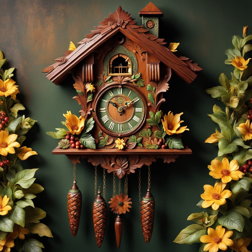 Vibrant Realistic Cuckoo Clock Portrait in Mahogan... - AI Art
