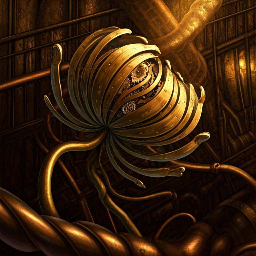 A clockwork flower unfurling its gears and petals Tim Burton Dan Mumford intricately detailed ...