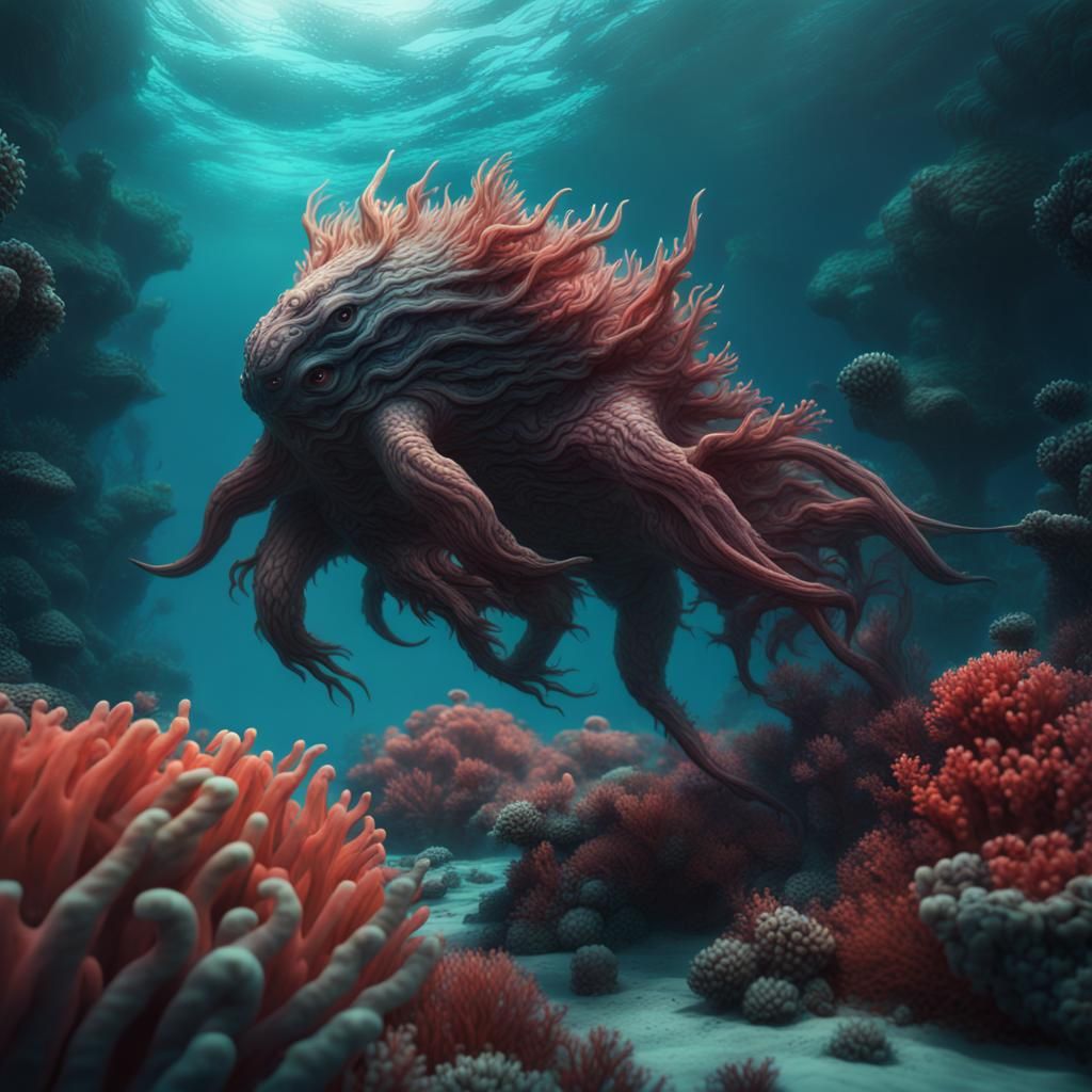 Abyssal Creature Swimming in Coral Reef - AI Art