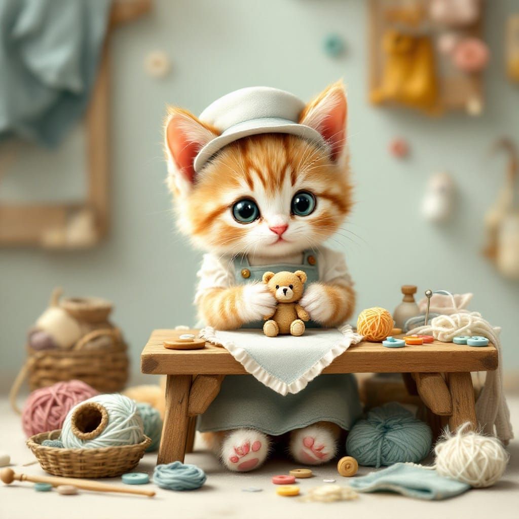 Whimsical Kitten Sewing Scene in Digital Art Style - AI Art